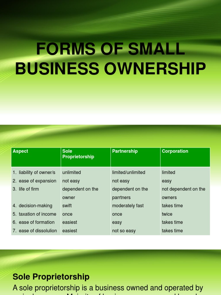 Forms of Small Business Ownership Comparison | PDF | Sole ...