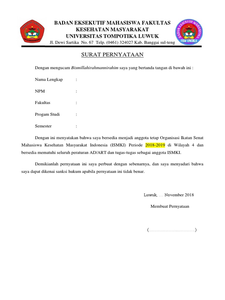 Surat Pernyataan ISMKMI | PDF