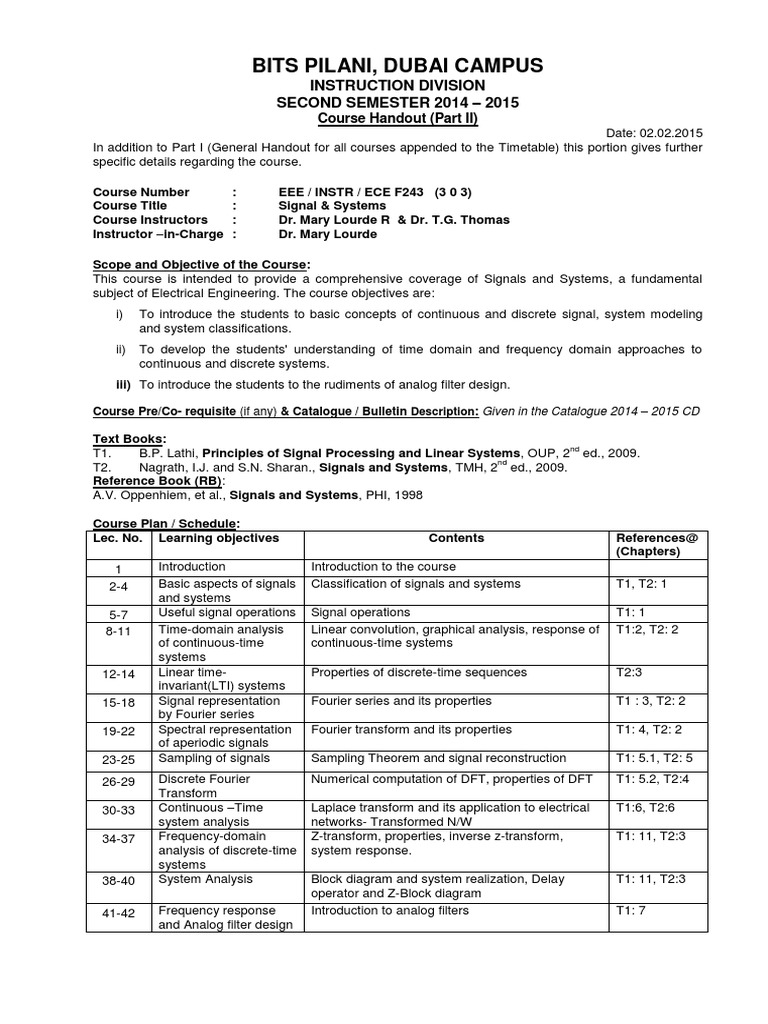 BITS Pilani, Dubai Campus Course Handout | PDF | Discrete Fourier ...