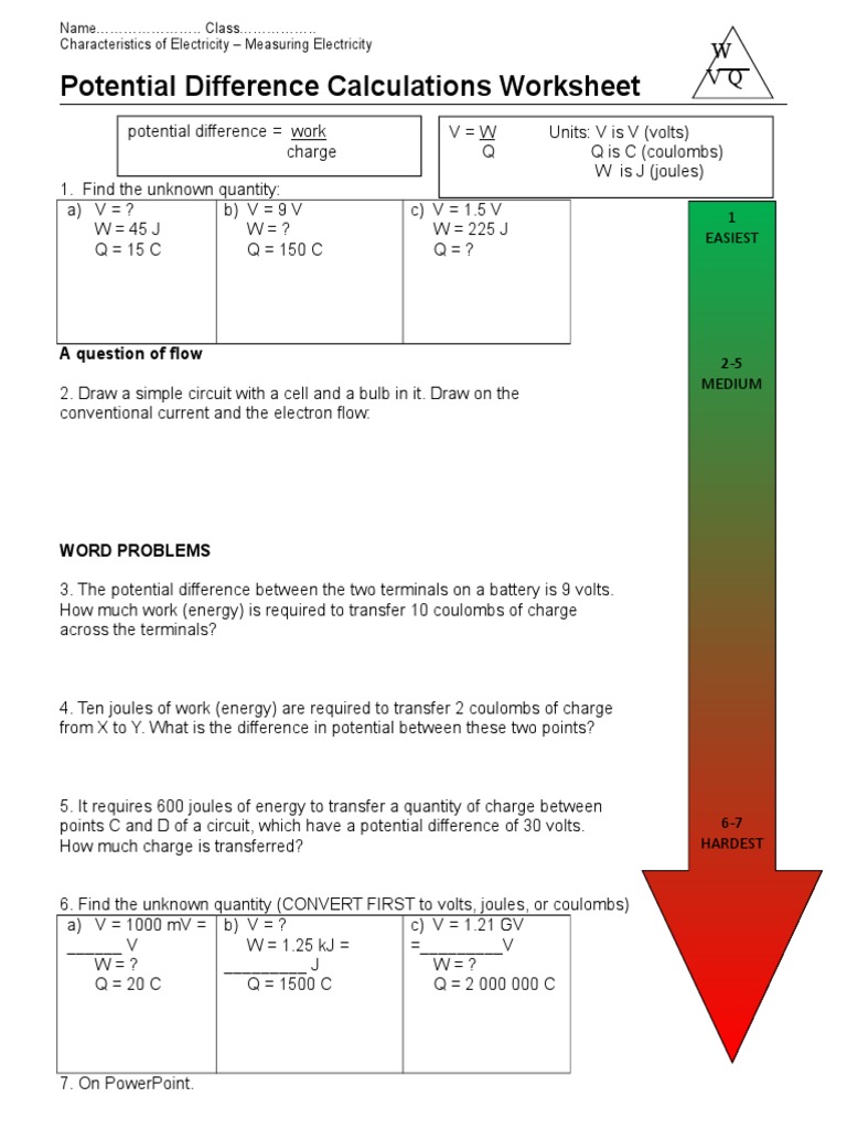Potential Difference Worksheet | PDF | Volt | Voltage
