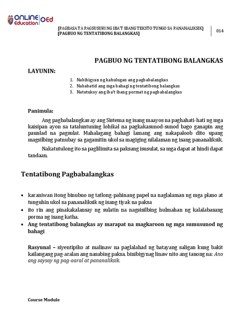 Lesson 15 Pagsulat NG Tentatibong Balangkas | PDF Lesson 15 Pagsulat NG Tentatibong Balangkas | PDF