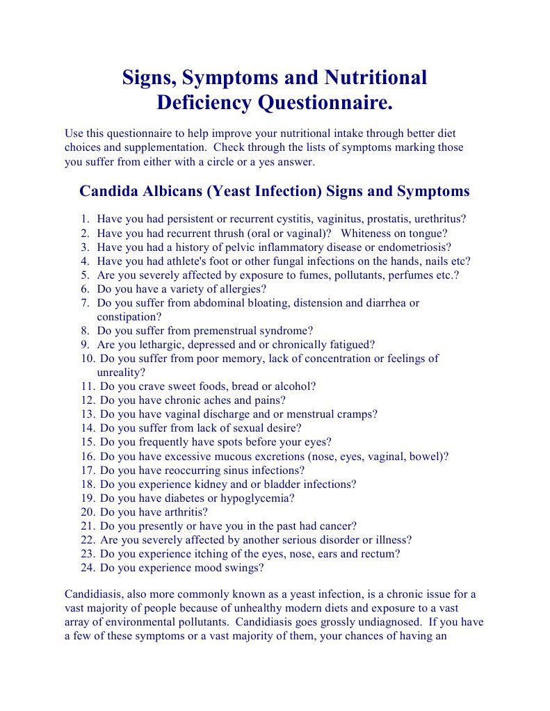 Sign Symptoms Deficiency Questionnaire | PDF | Candidiasis | Sugar ...