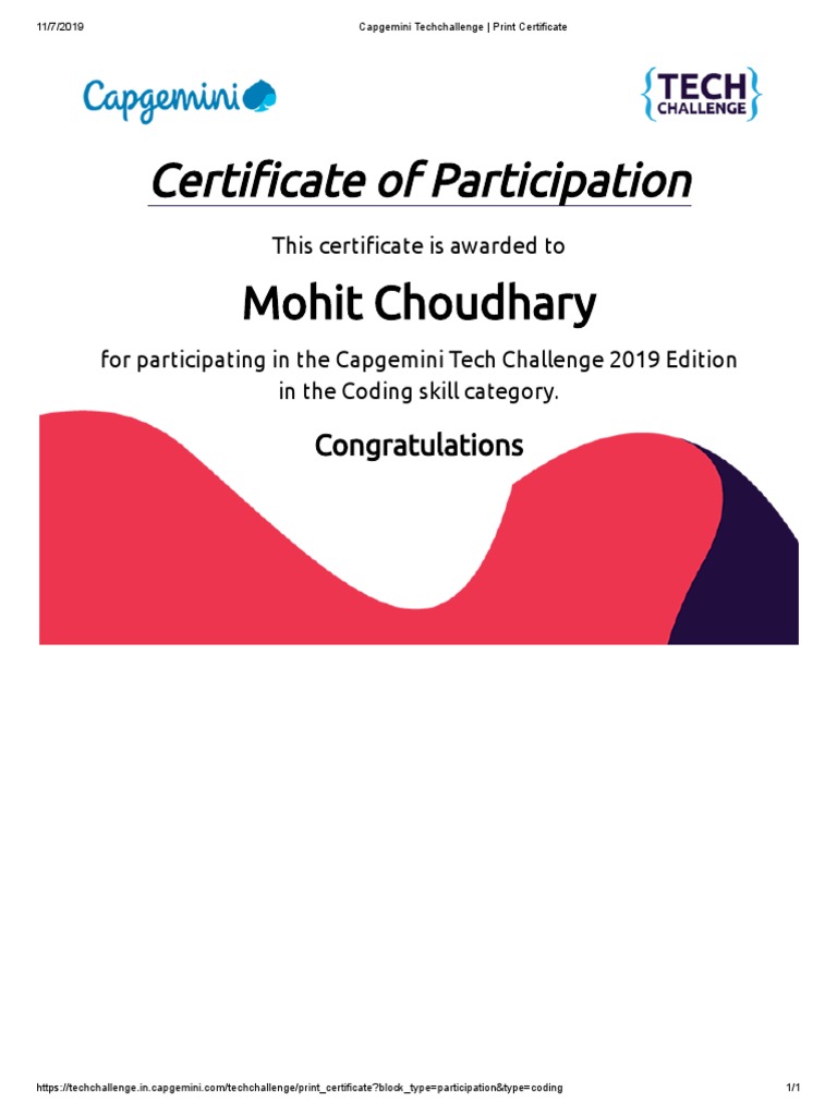 Capgemini Tech Challenge Certificate | PDF