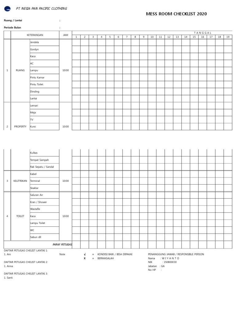 Form Mess Room Checklist | PDF