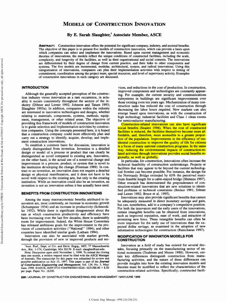 Slaughter - 1998 MODELS OF CONSTRUCTION INNOVATION PDF | PDF ...
