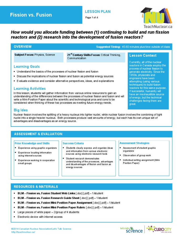 Fission Vs Fusion Lesson Plan | PDF | Fusion Power | Nuclear Power