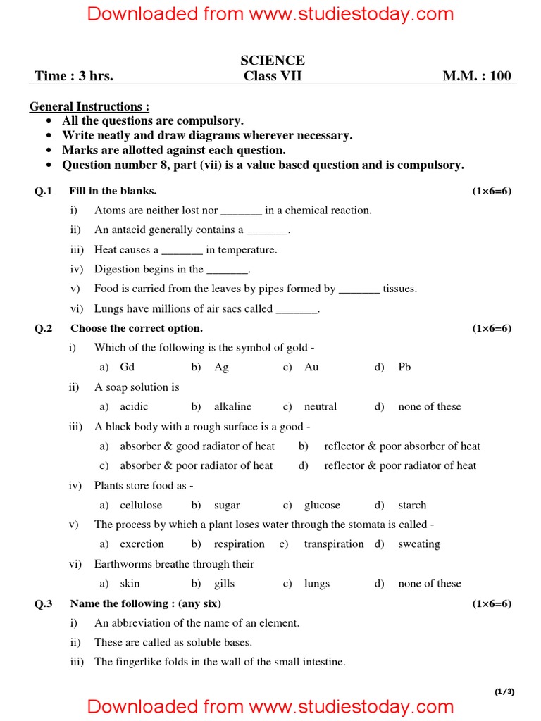 CBSE Class 7 Science Sample Paper Set P | Download Free PDF | Tooth ...