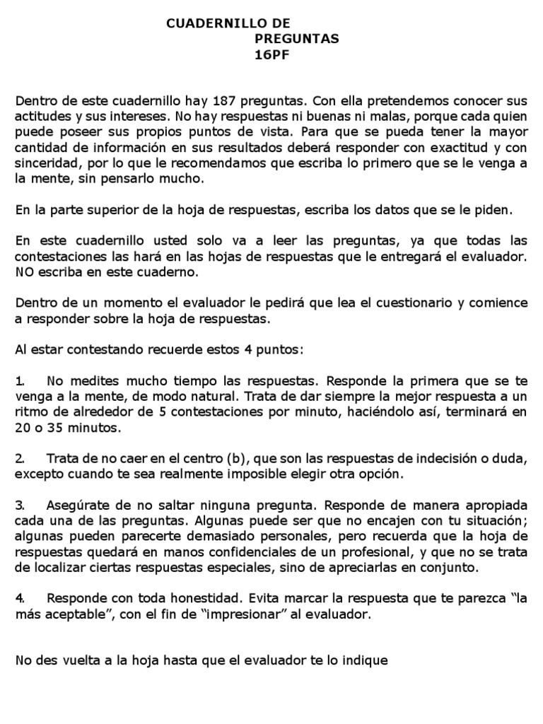 Cuadernillo - de - Preguntas - 16PF Word | PDF | Relaciones personales, crianza y desarrollo ...