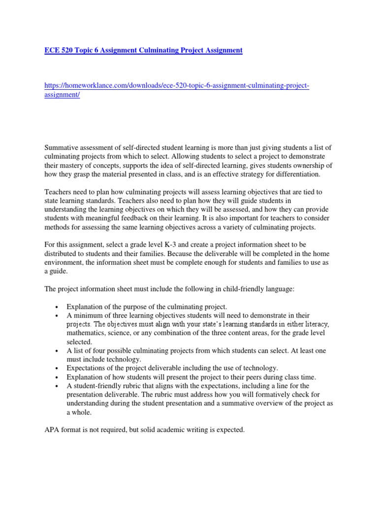 Ece 520 Topic 6 Assignment Culminating Project Assignment Pdf