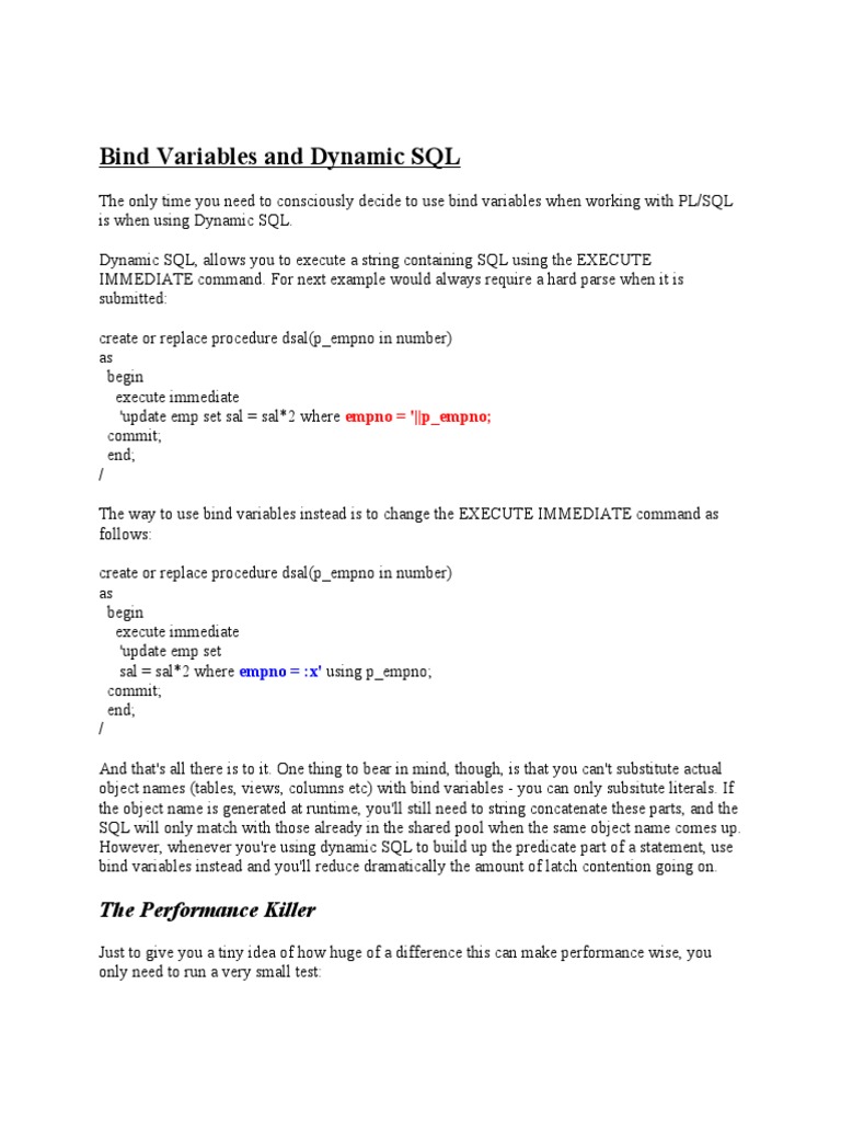 Bind Variables and Dynamic SQL: The Performance Killer | PDF | Sql ...
