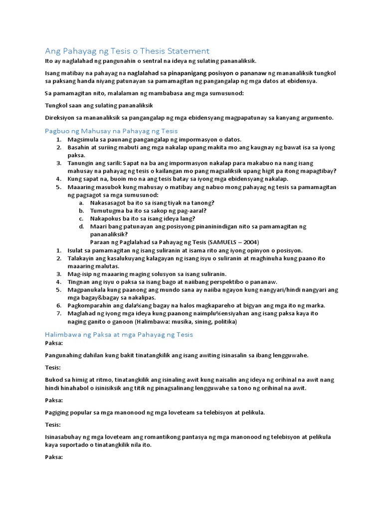 Ang Pahayag NG Tesis o Thesis Statement | PDF