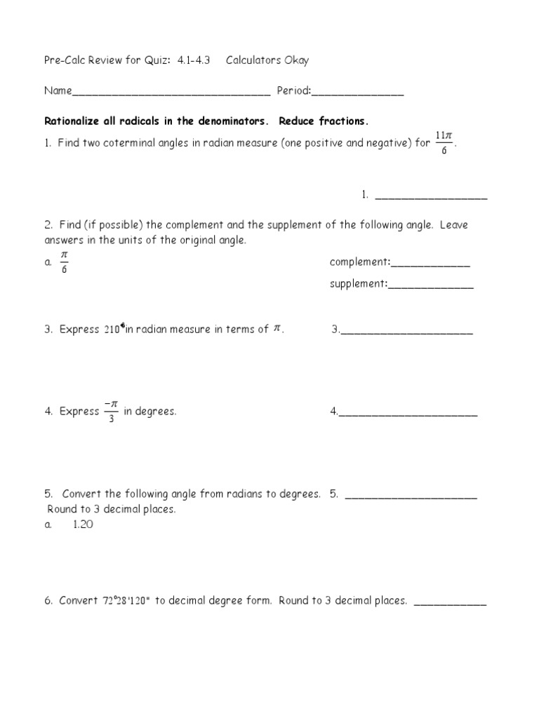 Pre-Calc CH 4 Review Quiz 4.1-4.3 | PDF | Trigonometric Functions | Sine