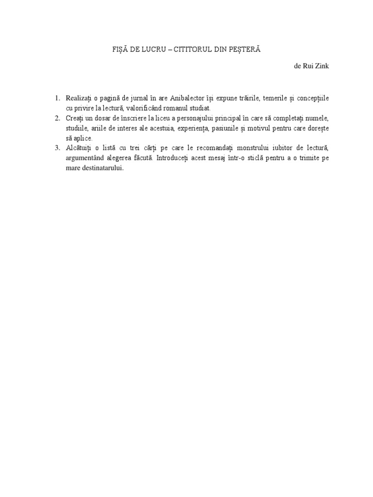 Fisa de Lectura Cititorul Din Pestera | PDF