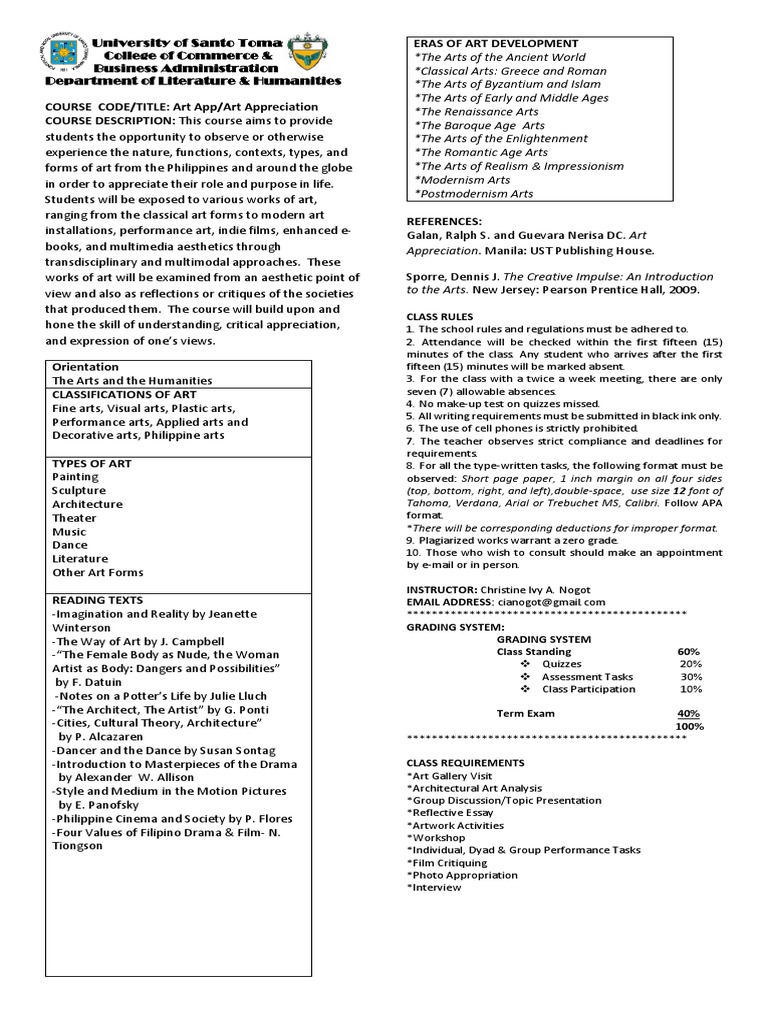 COURSE OUTLINE - Artap | PDF | The Arts | Aesthetics