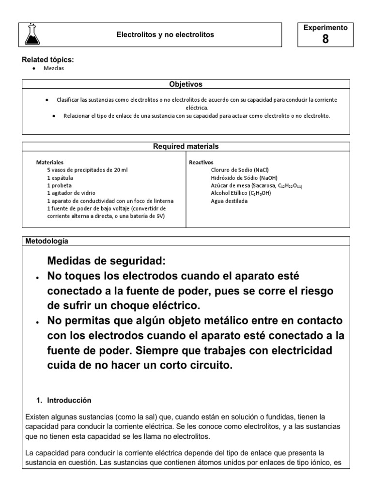 Práctica 8 Electrolitos | PDF | Electrólito | Cloruro de sodio