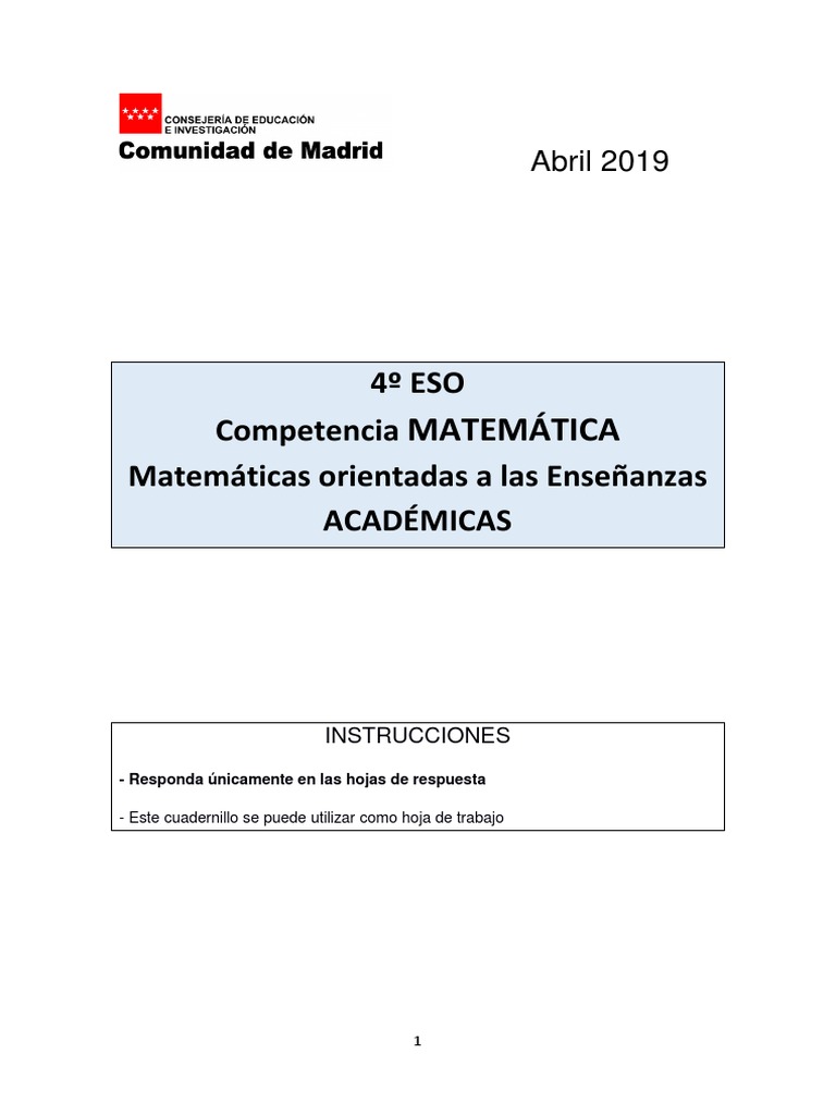Sgea Eval 4eso 2019 Pruebas 3 Matematicas Academicas | PDF | Triángulo | Geometría Elemental