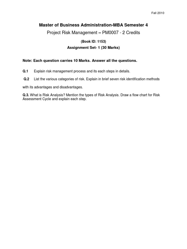 PM0007 Project Risk Management Fall 2010 | PDF