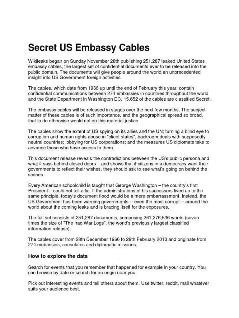 Secret US Embassy Cables | PDF | United States Diplomatic Cables Leak ...