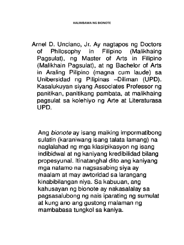 Halimbawa NG Bionote | PDF