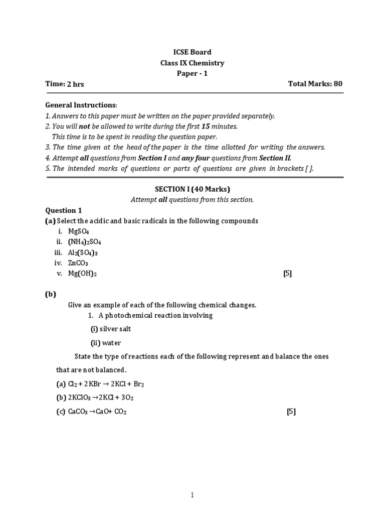 Class 9 ICSE Chemistry Sample Paper | PDF | Chemical Reactions | Atoms