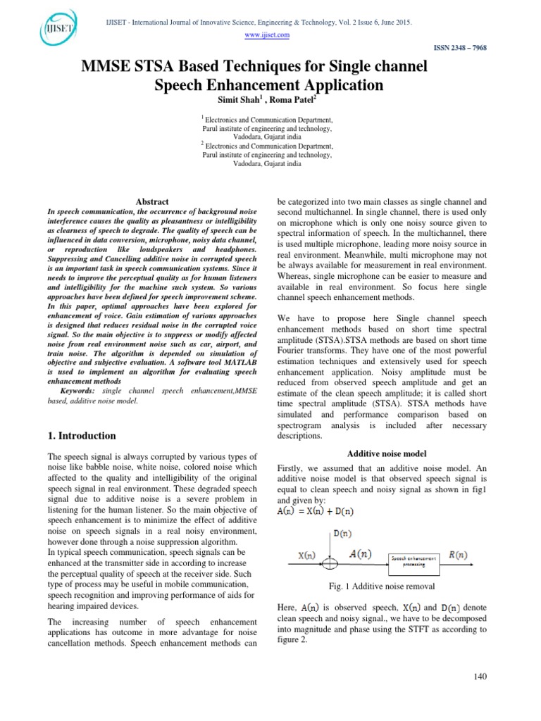 MMSE STSA Based Techniques For Single Channel Speech Enhancement | PDF | Signal To Noise Ratio ...