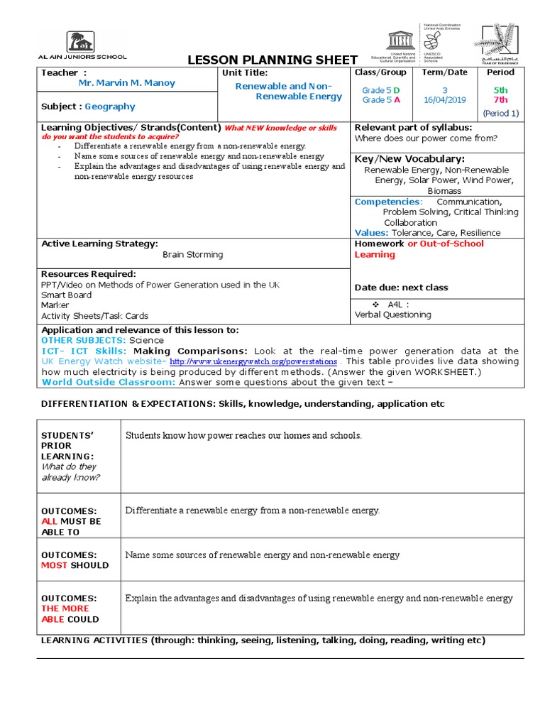 Grade 5 Energy Lesson Plan | PDF | Educational Technology | Question