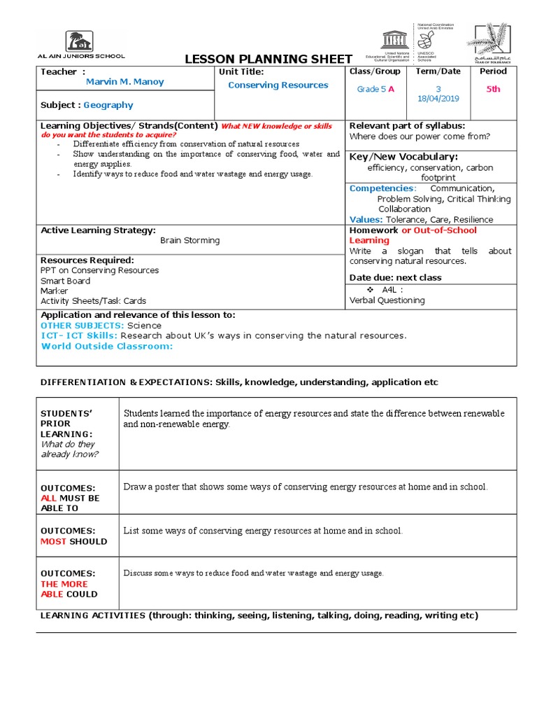 Grade 5 Geography Lesson Plan: Resource Conservation | PDF ...