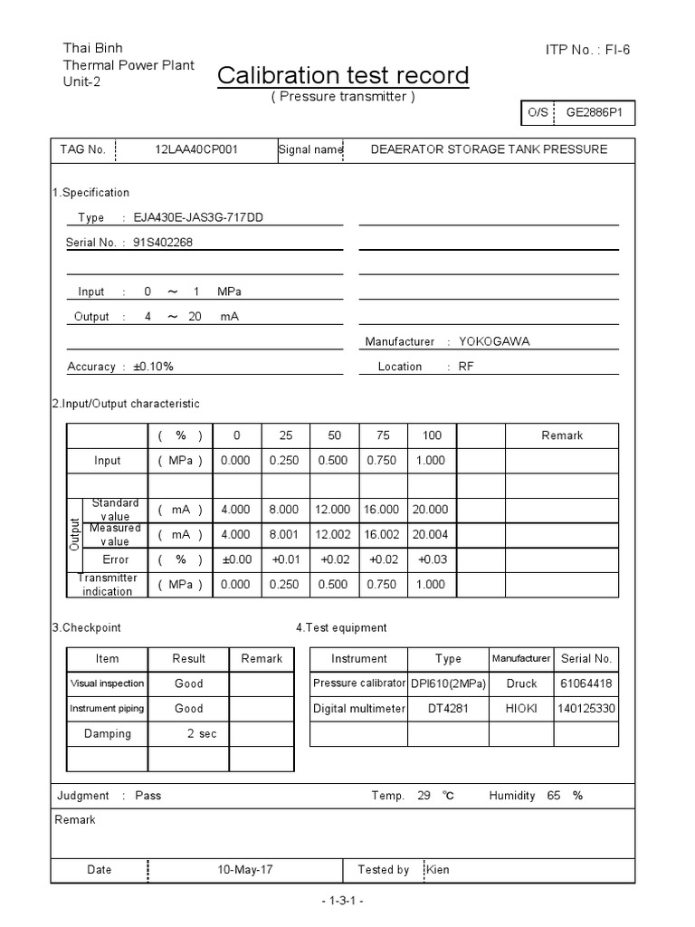 Calibration Test Record (PT) As of 16-May-2017 | PDF | Calibration ...