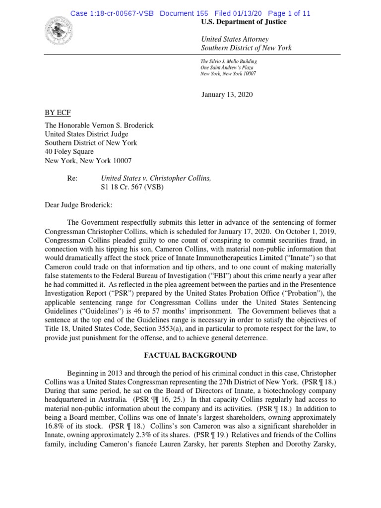 Collins Sentencing Submission | Insider Trading | Plea