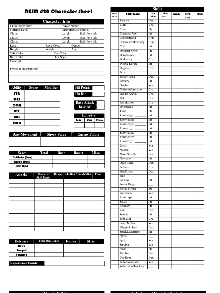 BESM Character Sheet | PDF | Leisure | Sports