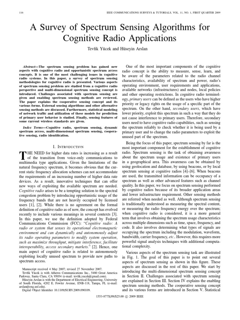 A Survey of Spectrum Sensing Algorithms For Cognitive Radio ...