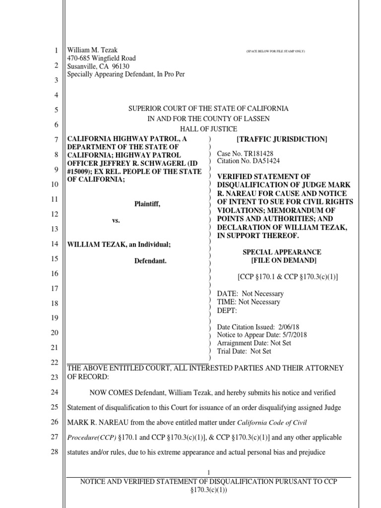 Verified Statement of Disqualification of Judge and Notice of Intent to ... Verified Statement of Disqualification of Judge and Notice of Intent to ...