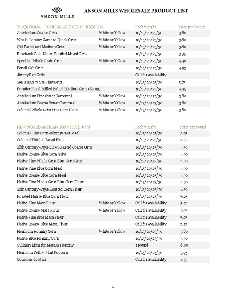 Anson Mills Wholesale Products 2019 | PDF | Flour | Maize