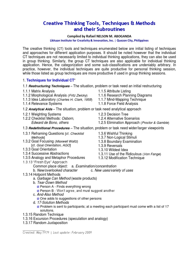 Creative Thinking Tools Techniques Methods Subroutines - RNMAboganda | PDF | Scientific Method ...