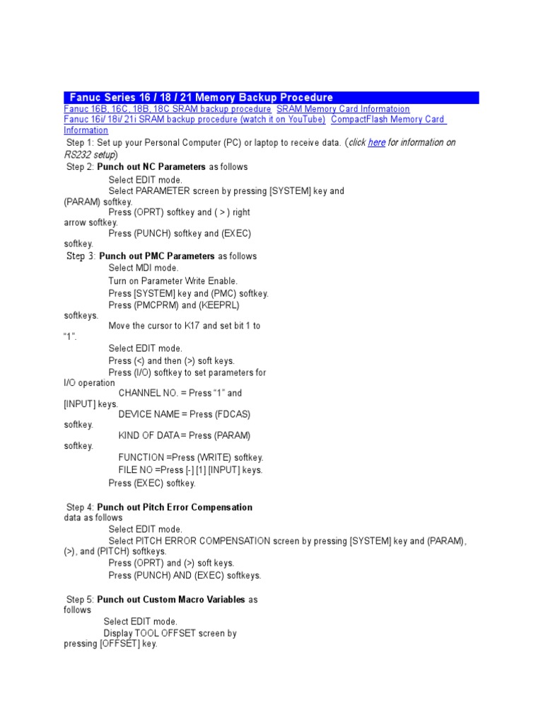 Fanuc Series 16 Backup Procedure | PDF | Parameter (Computer Programming) | Input/Output