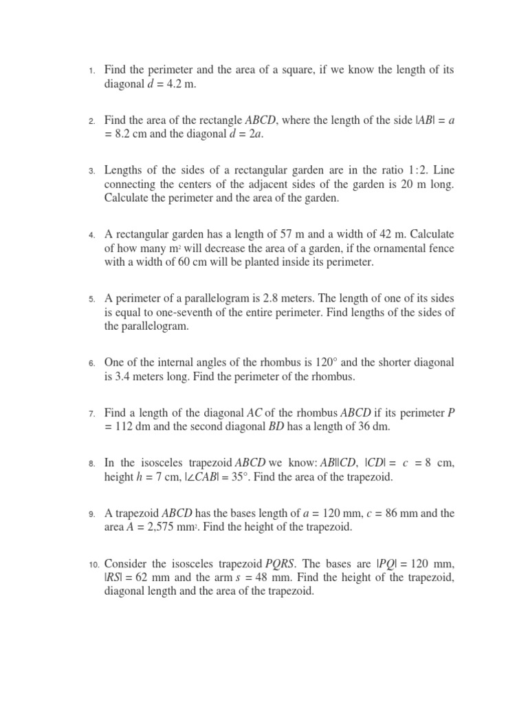 Solving Geometry Problems Involving Perimeters, Areas, Diagonals, and ...