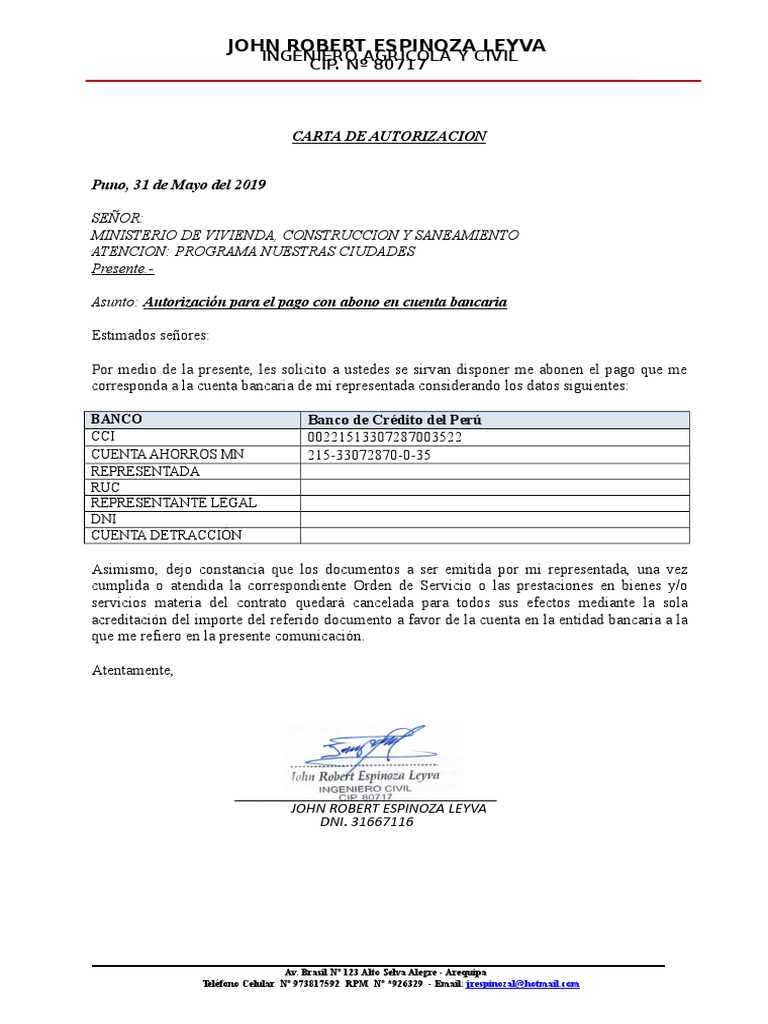 Carta Autorización CCI-BCP John Espinoza | PDF