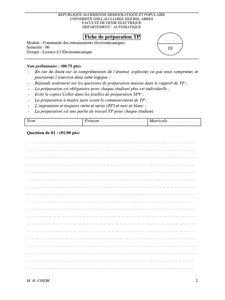 Fiche de Préparation TP | PDF