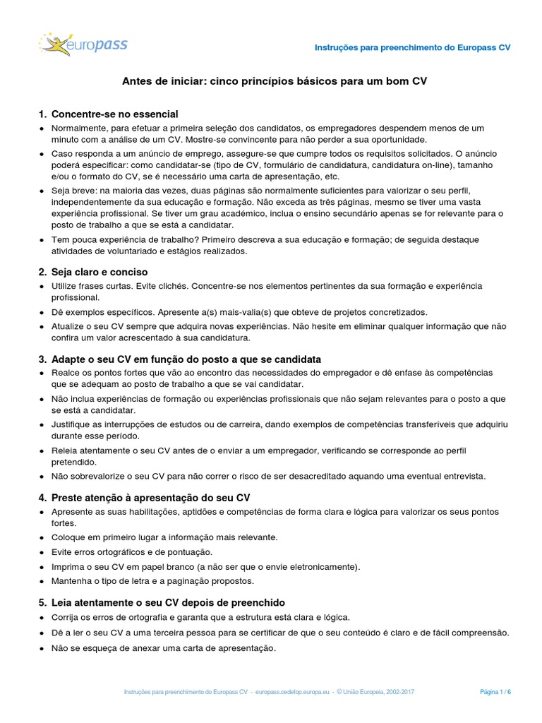Europass CV Instructions PT PDF | PDF | E-mail | Gestão de recursos humanos