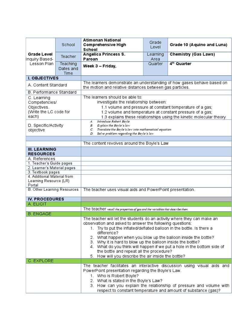 Grade 10 Boyle's Law Lesson Plan | PDF | Gases | Teachers