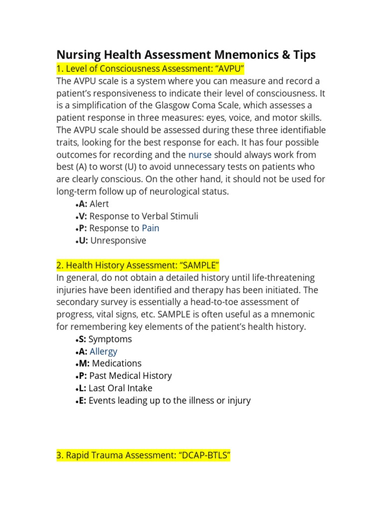 Nursing Mnemonics for Health Assessment | PDF | Pain | Breathing