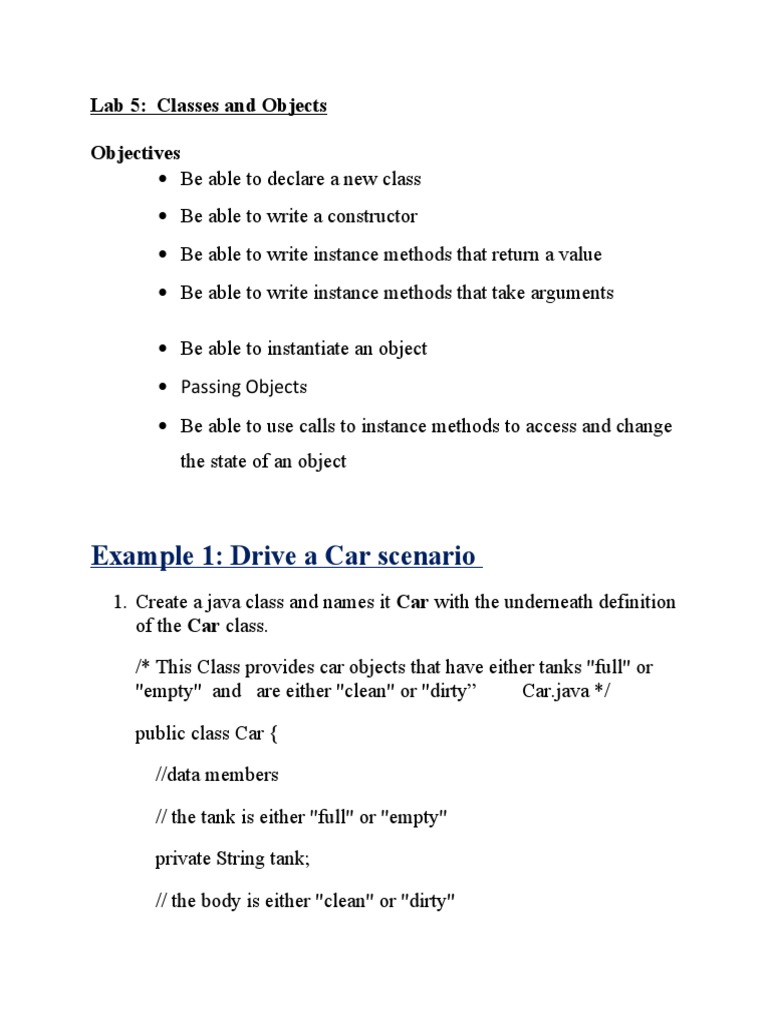 Example 1: Drive A Car Scenario: Lab 5: Classes and Objects Objectives | PDF | Class (Computer ...