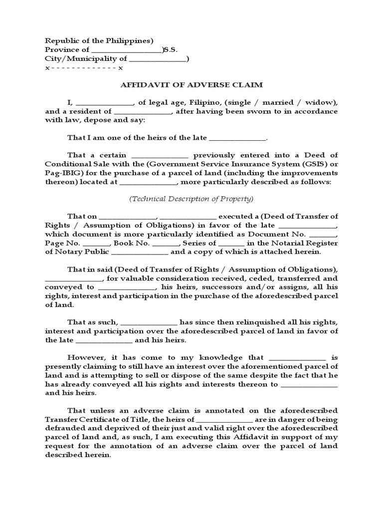 Affidavit of Adverse Claim Template | PDF | Affidavit | Deed