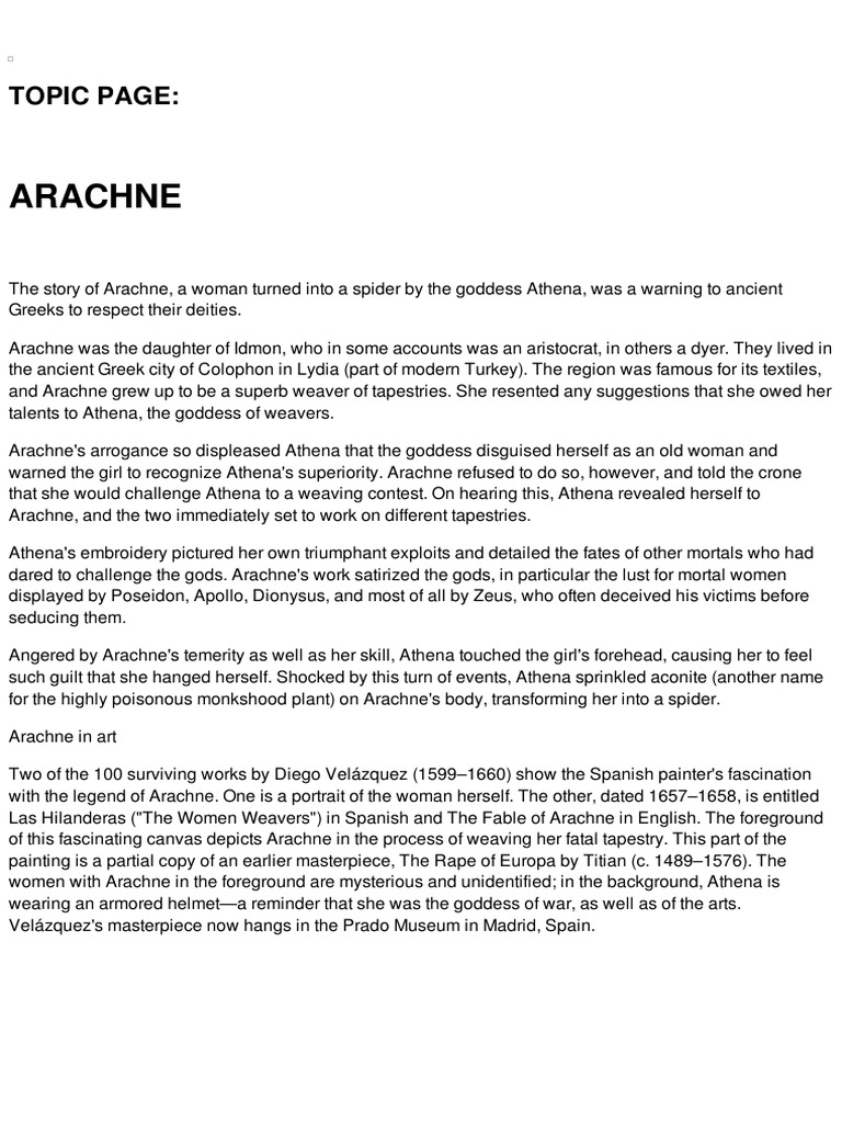 Arachne (Greek Mythology) | PDF | Athena | Mythology