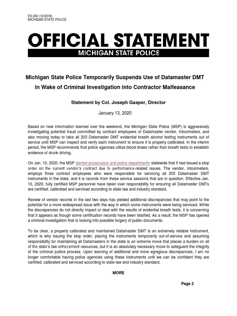 Michigan State Police Official Statement - 011320 | PDF | Public Law ...
