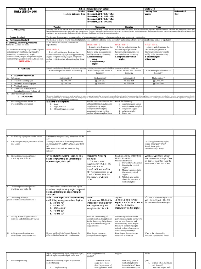 DLL Math Grade7 Quarter3 Week2 | PDF | Angle | Geometry