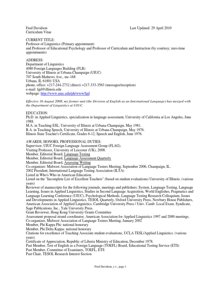 Fred Davidson's Academic CV at UIUC | PDF | University Of Illinois At ...