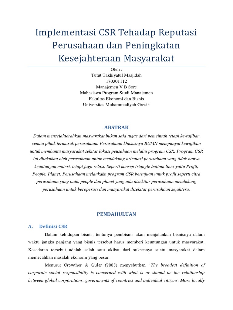 Implementasi CSR Tehadap Reputasi Perusahaan Dan Peningkatan ...