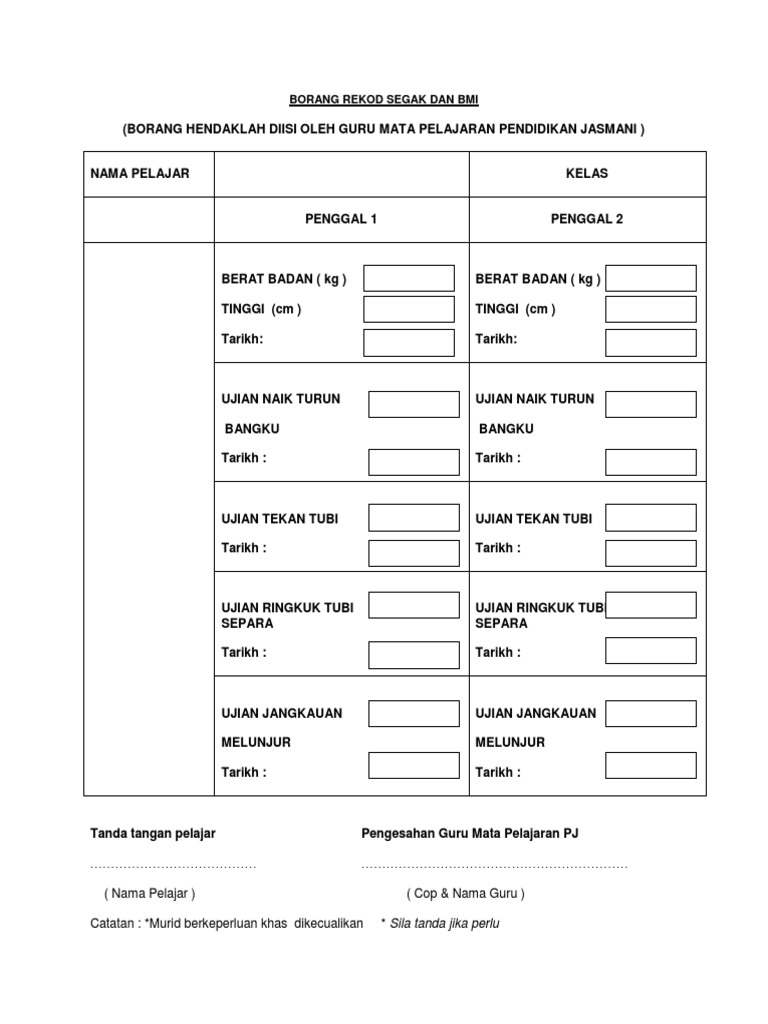 Borang Rekod Segak Dan Bmi | PDF