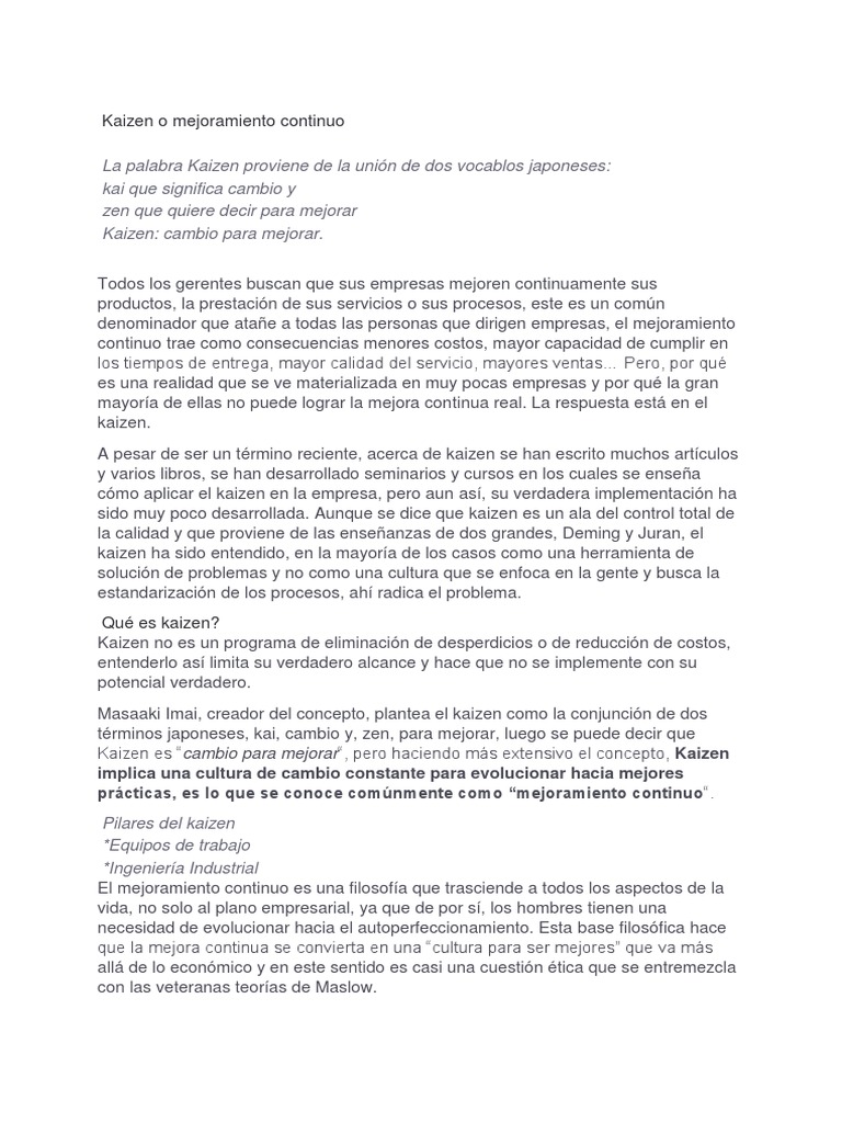 Pilares del Kaizen en Mejora Continua | PDF | Calidad (comercial ...